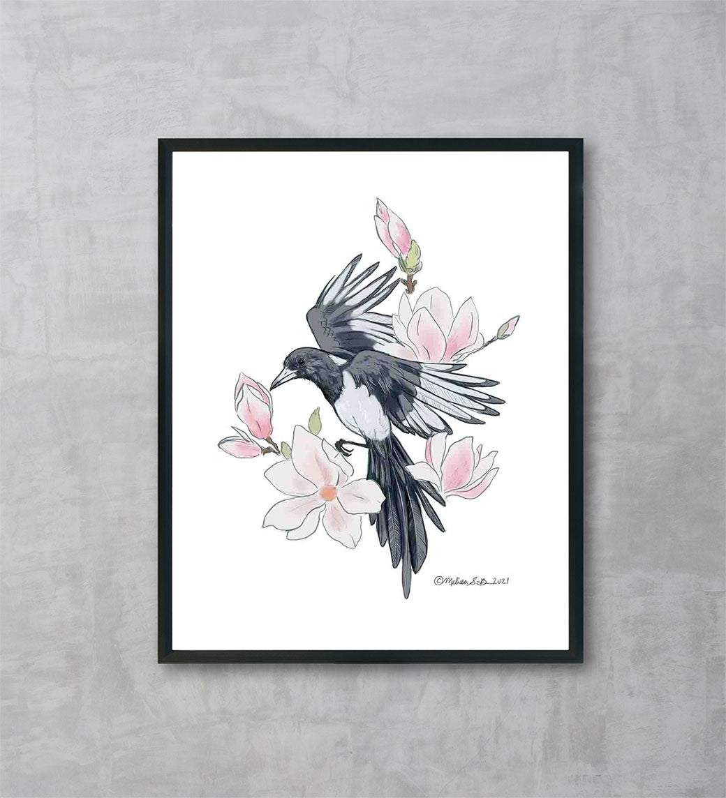 Magpie and Magnolia Flowers Fine Art Print – True North Creations